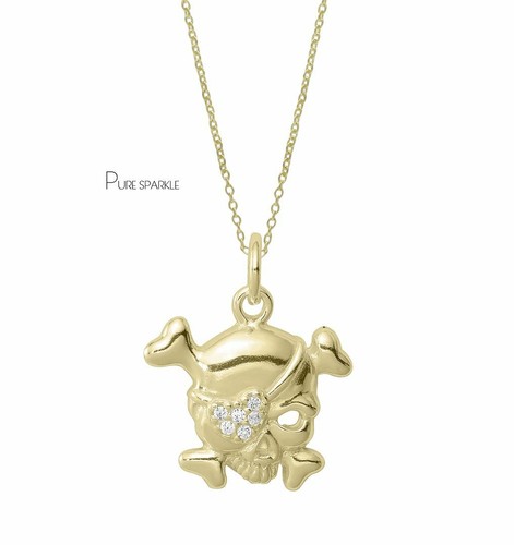 14K Gold 0.05Ct. Diamond Pirate Skull Pendant Necklace Halloween ...