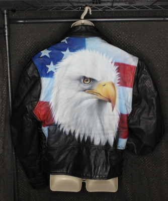Vintage Black Leather Biker Jacket W/ Airbrushed Bald Eagle and ...