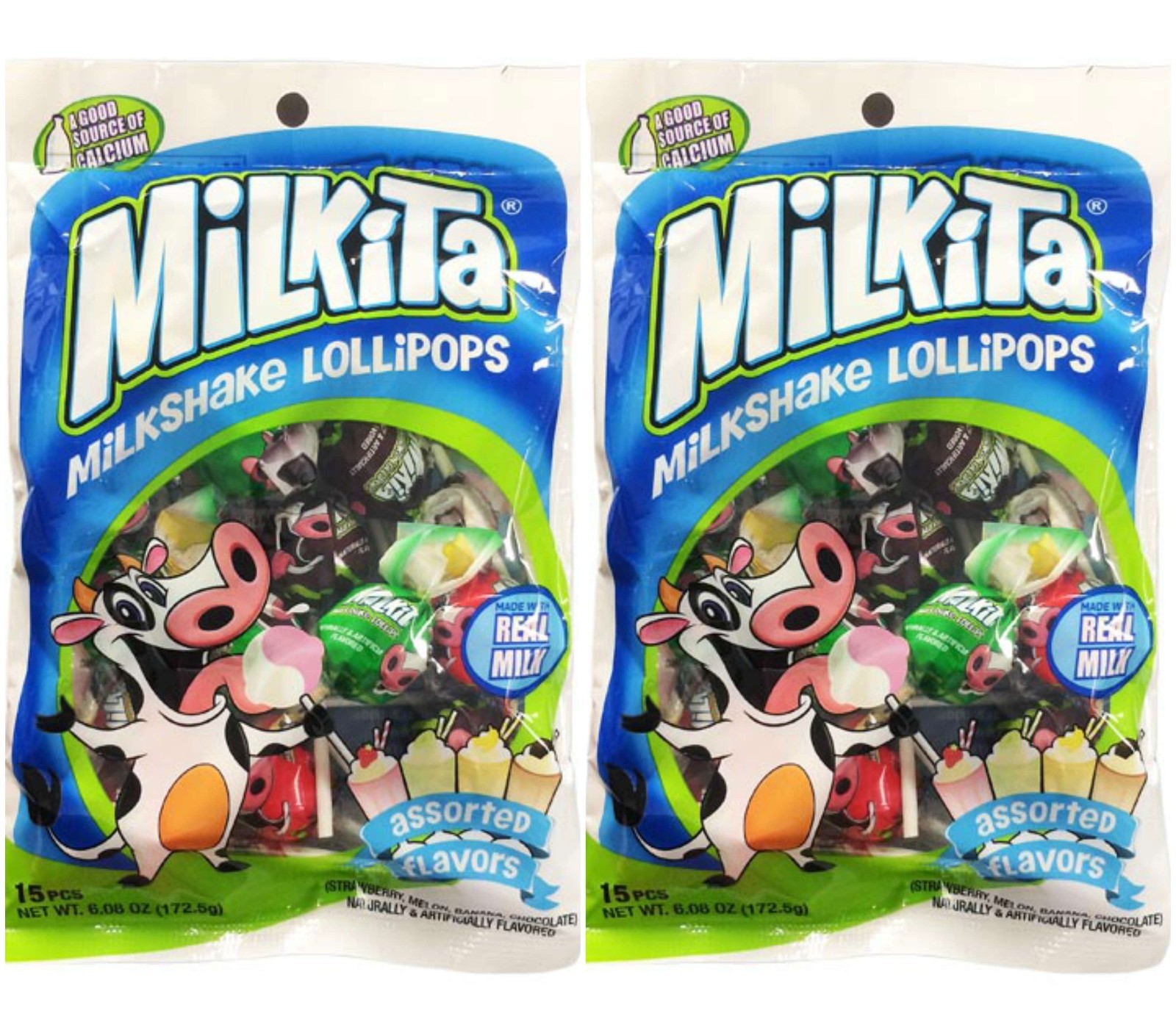 2 BAGS Milkita Milk Lollipops 15 pcs 6.08oz Banana Melon Strawberry ...