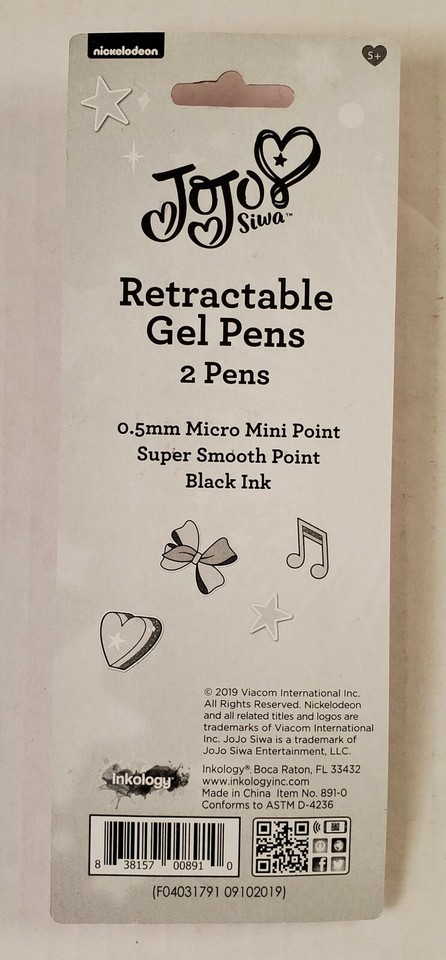 JOJO Siwa Retractable Gel Ink Pens 2 Pack Black Ink 0.5 mm Micro Mini ...