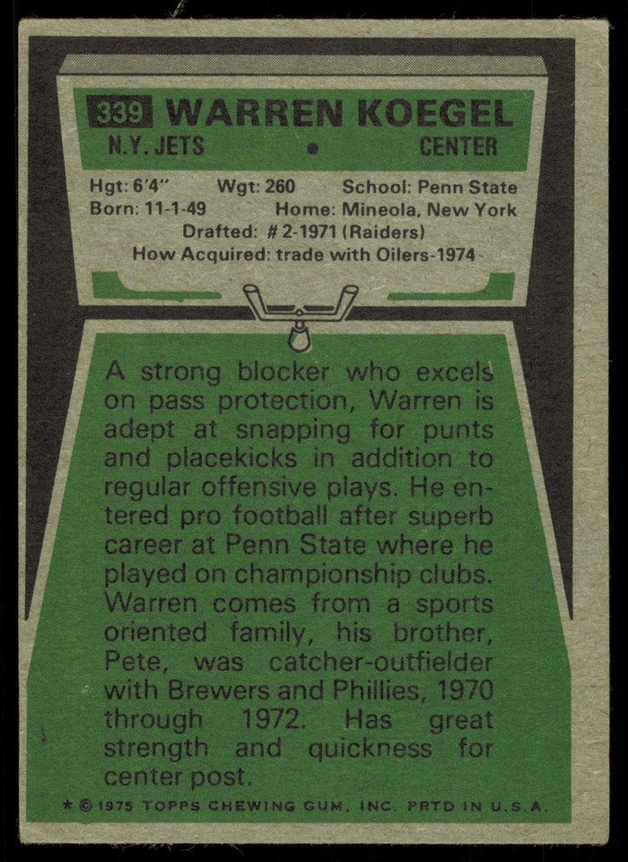 1975 Topps #339 Warren Koegel RC New York Jets | eBay