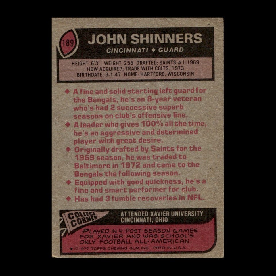 John Shinners 1977 Topps Rookie Cincinnati Bengals #189 R324D 32 | eBay