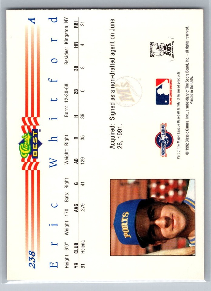 Eric Whitford 1992 Classic Best Set Break BASEBALL #238 Stockton Ports ...