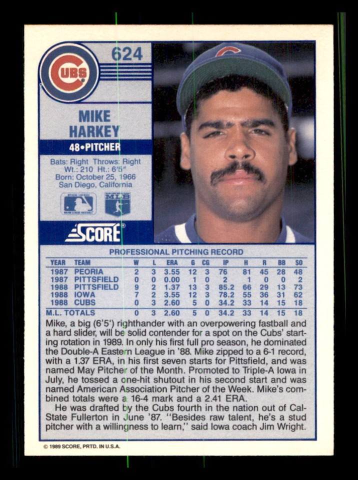 1989 Baseball 1989 Score Mike Harkey Chicago Cubs #624 RC1 | eBay