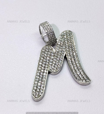 Real 925 Sterling Silver Custom M Letter Pendant 1 CT Round Lab-Created ...