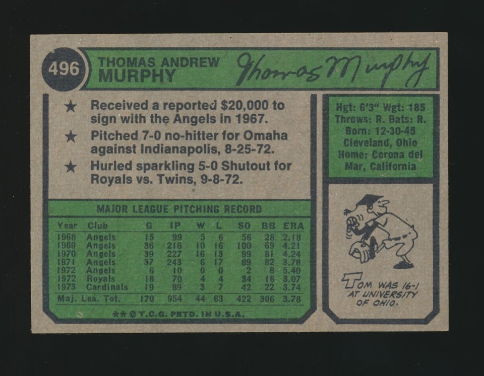 1974 Topps Baseball -#496 TOM MURPHY (St Louis Cardinals) *AUTOGRAPHED ...