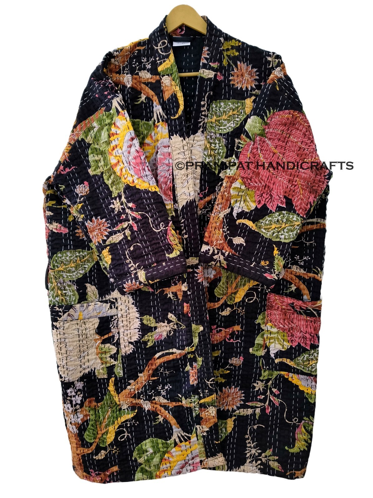 Women Rose Floral Print Black Kantha Quilt Jacket Front Open Wear Mid-length | eBay
