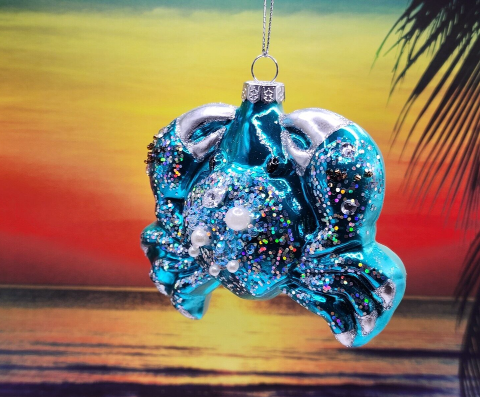 Christmas Coastal Nautical Beach Blue Crab Glitter Tree Ornament glass ...