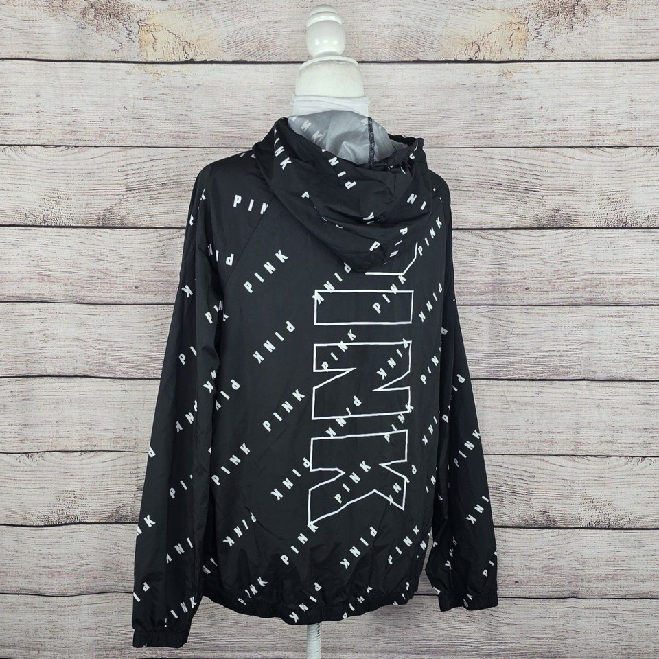 Victoria's Secret PINK Logo Windbreak Rain Anorak Jacket Black Medium ...