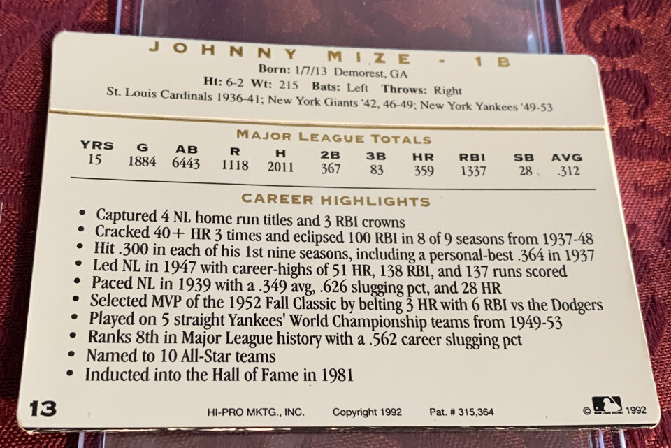 Johnny Mize 1992 Action Packed All Star Gallery Card # 13, MLB HOF’er ...