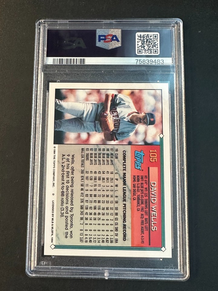 David Wells 1994 Topps Baseball Card #105 PSA 10 GEM MT Tigers HOF Pop ...