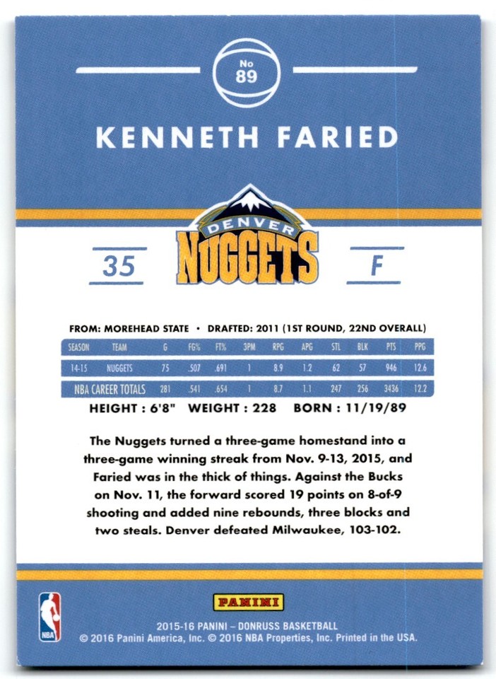 2015-16 Donruss Kenneth Faried Denver Nuggets #89 | eBay