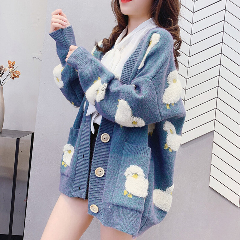 Women Jacket Loose Knit Sweater Cute Cartoon Print V Neck knitted ...