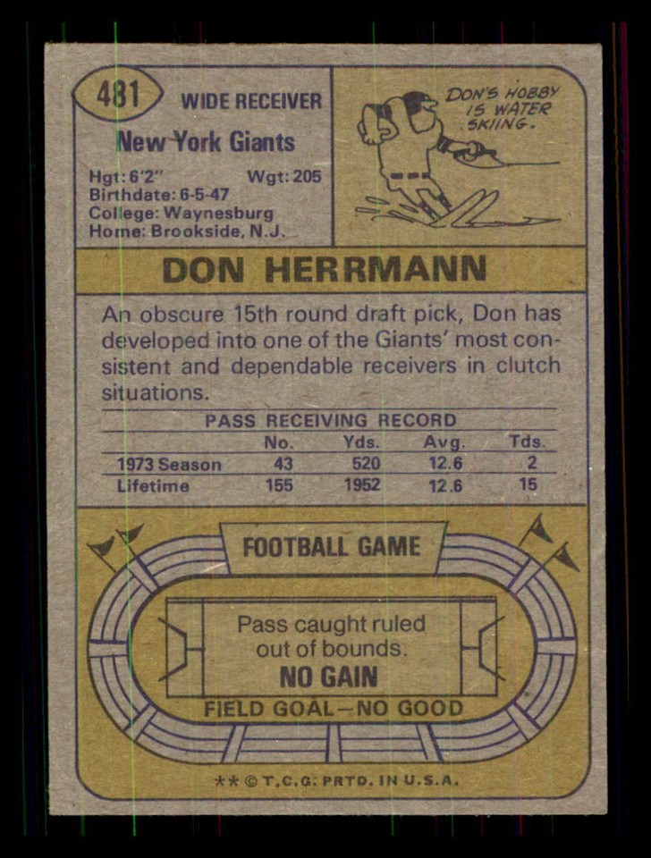 1974 Football Topps Don Herrmann New York Giants #481 1 | eBay