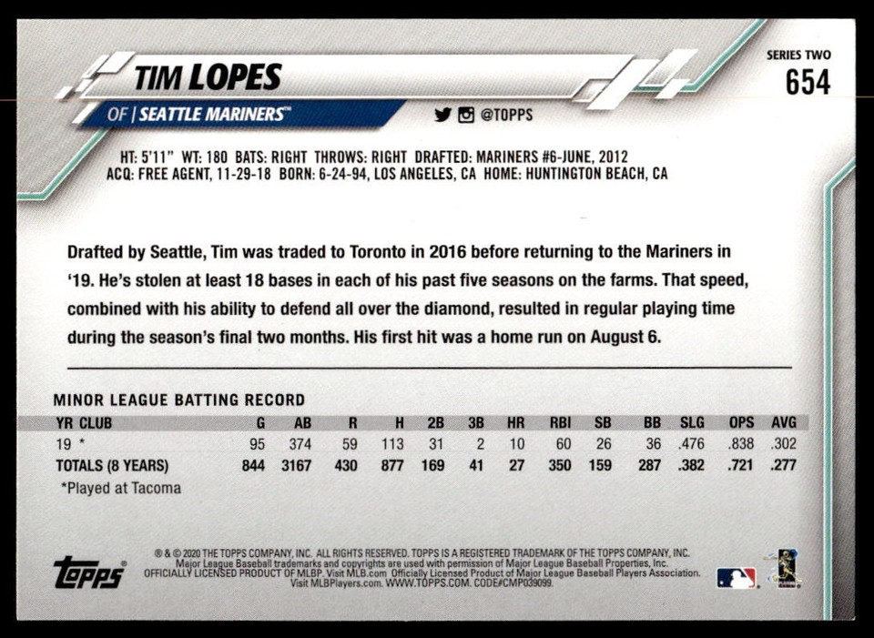 2020 Topps 654 Tim Lopes Seattle Mariners Rookie Baseball Card | eBay