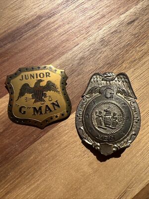 (2) Vintage G Man Secret Service Detective Club Badges Mint Brass ...