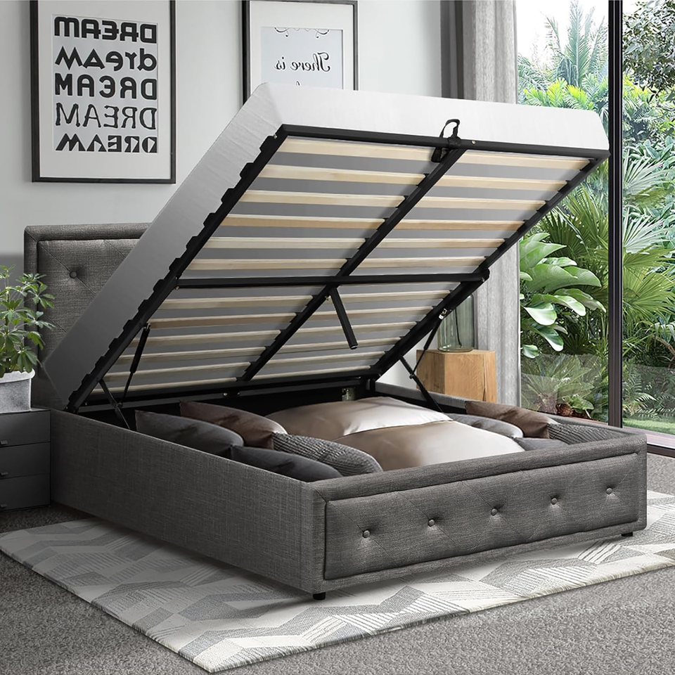Queen Bed Frame with Storage Space Gas Lift Bed Mattress Base Black ...