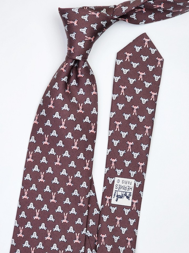 Hermes Tie Silk Necktie 5272 SA Rabbit Seal Brown | eBay