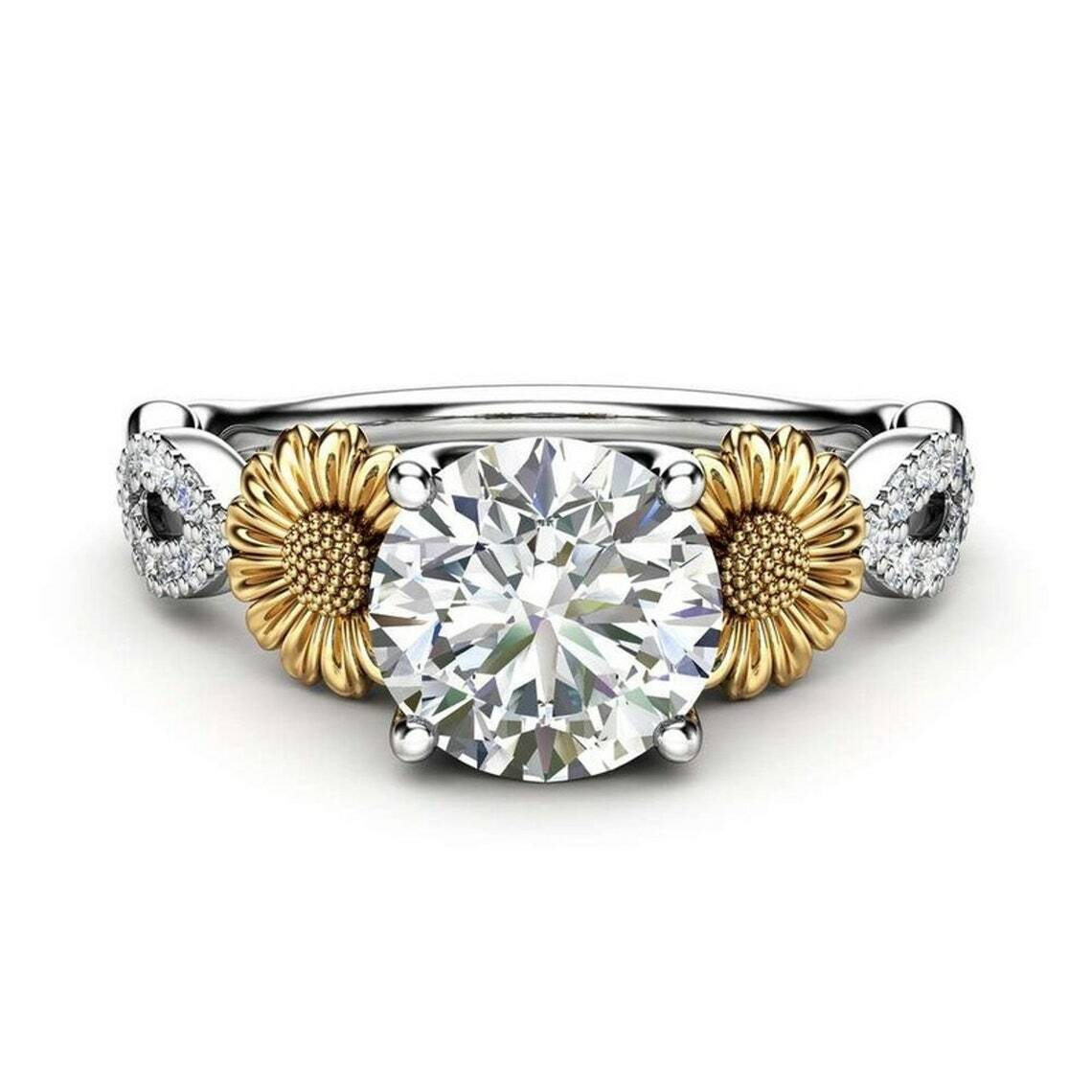 1.30CT Round Sunflower Flower Split Shank Two Tone Engagement and ...