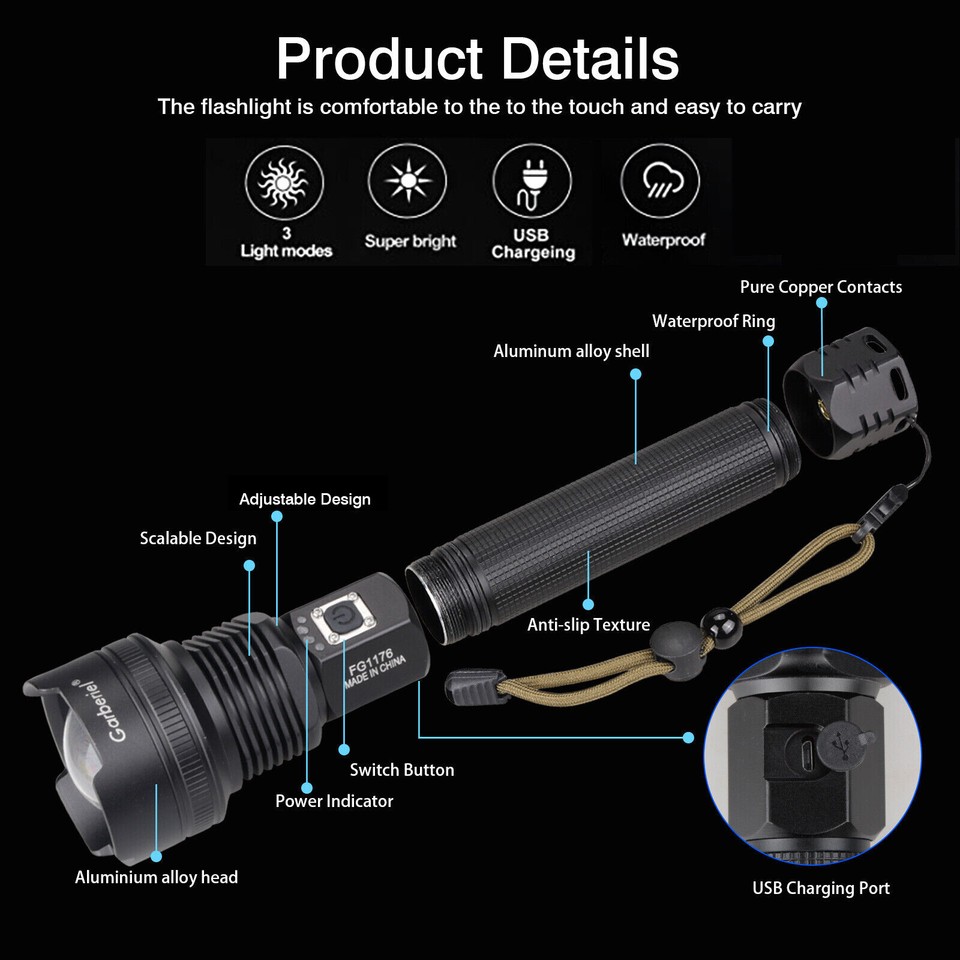 Super Bright xhp90 xhp50 LED Tactical Flashlight Rechargeable Powerful ...