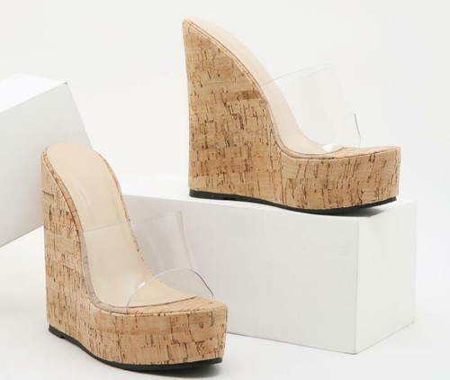 Womens Peep Toe PVC Wedge Fashion Summer Slippers High Heels Platform ...