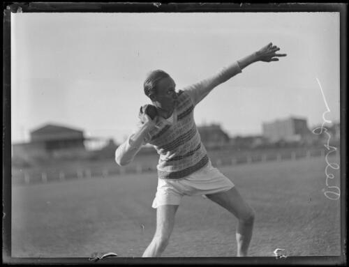 Athlete Dr Otto Peltzer of Germany preparing to put a shot put, NS- Old ...