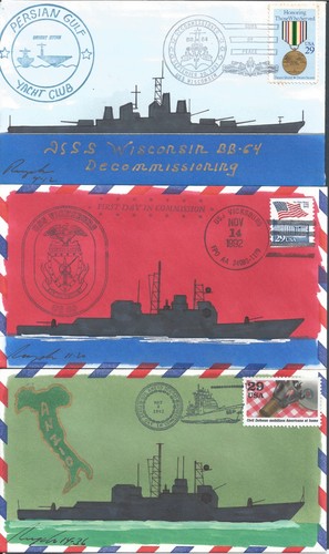 3 Hand Painted Covers by Rogak (USS Wisconsin, Vicksburg, Anzio) US ...