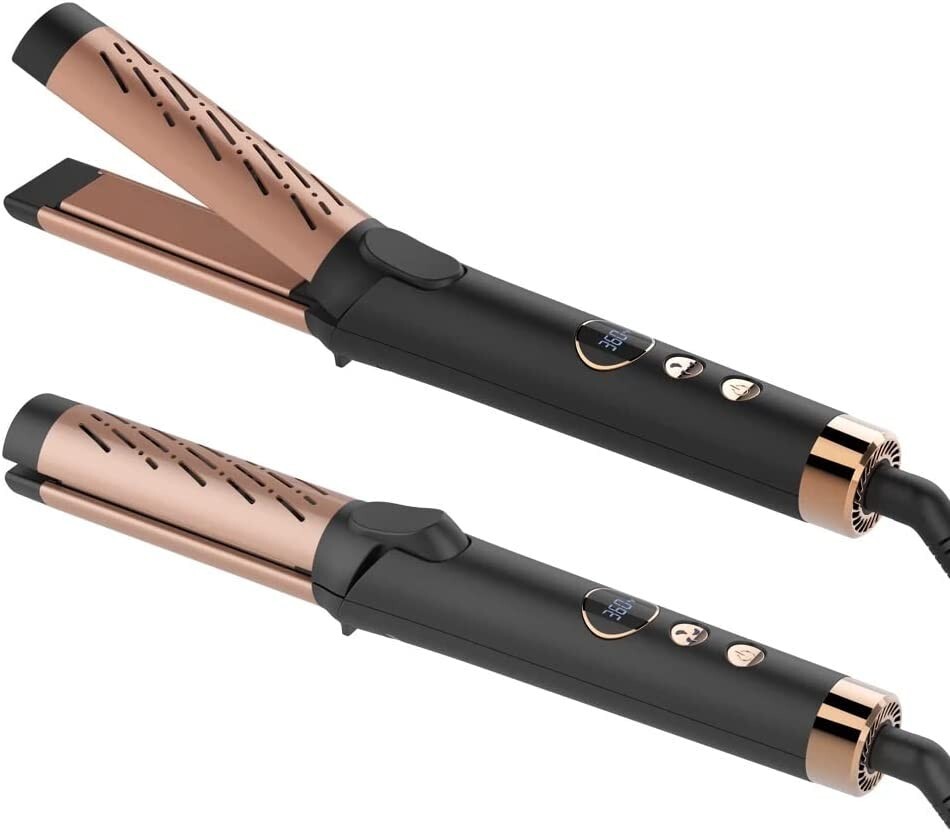 2 in 1 Cool Airflow Titanium Curling Wand and Flat Iron Anti-Scald Dual ...