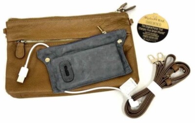 Mighty Purse, Crossbody, Tan Leather Cell Phone Charger, Handbag Butler ...