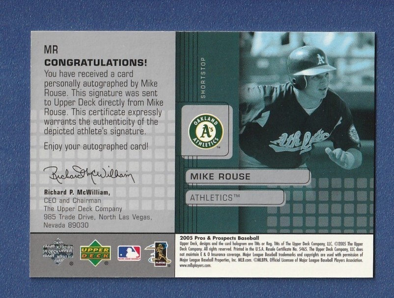 MIKE ROUSE 2005 Pros Prospects AUTO Signs Of Stardom Card A's Athletics ...