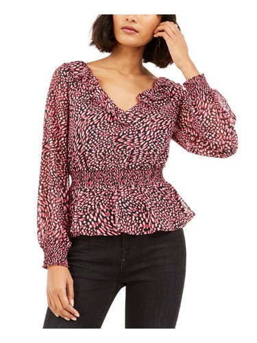 BAR III Womens Pink Ruffled Patterned Long Sleeve V Neck Top XS ...