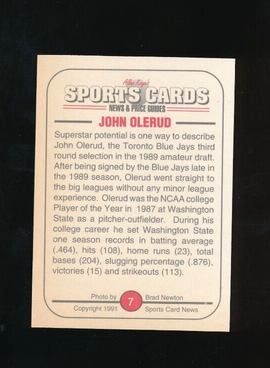1991 Allan Kaye's Sports Cards News Magazine #7 John Olerud hand cut ...