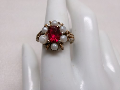 Vintage Avon Roseglow Ring Red Rhinestone Faux Pearl Gold Tone ...