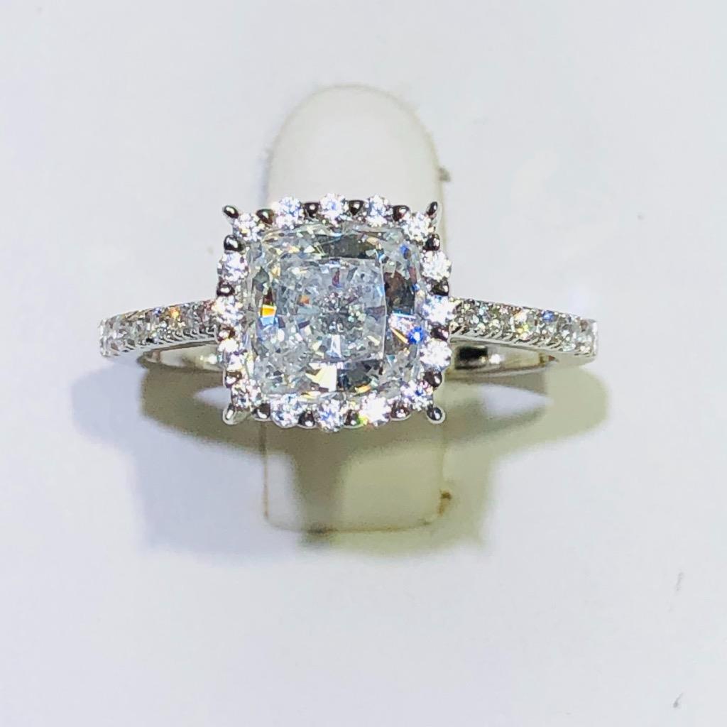 Platinum Sterling Silver White Sapphire Cushion Cut Halo Pave Promise ...