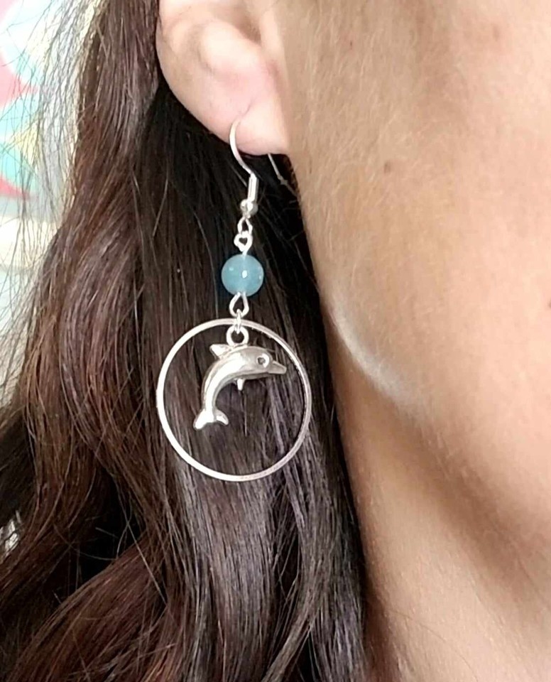 Silver Dolphin Earrings, Aquamarine Earrings, Dolphin Dangle Earrings ...