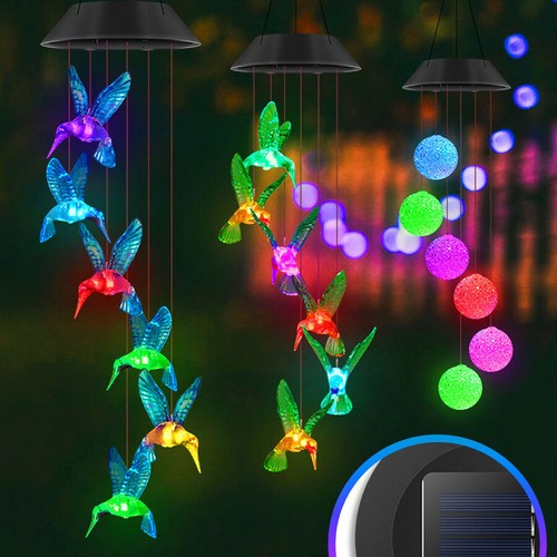 Solar Wind Chimes Lights LED Color Changing Hanging Hummingbird Ball ...