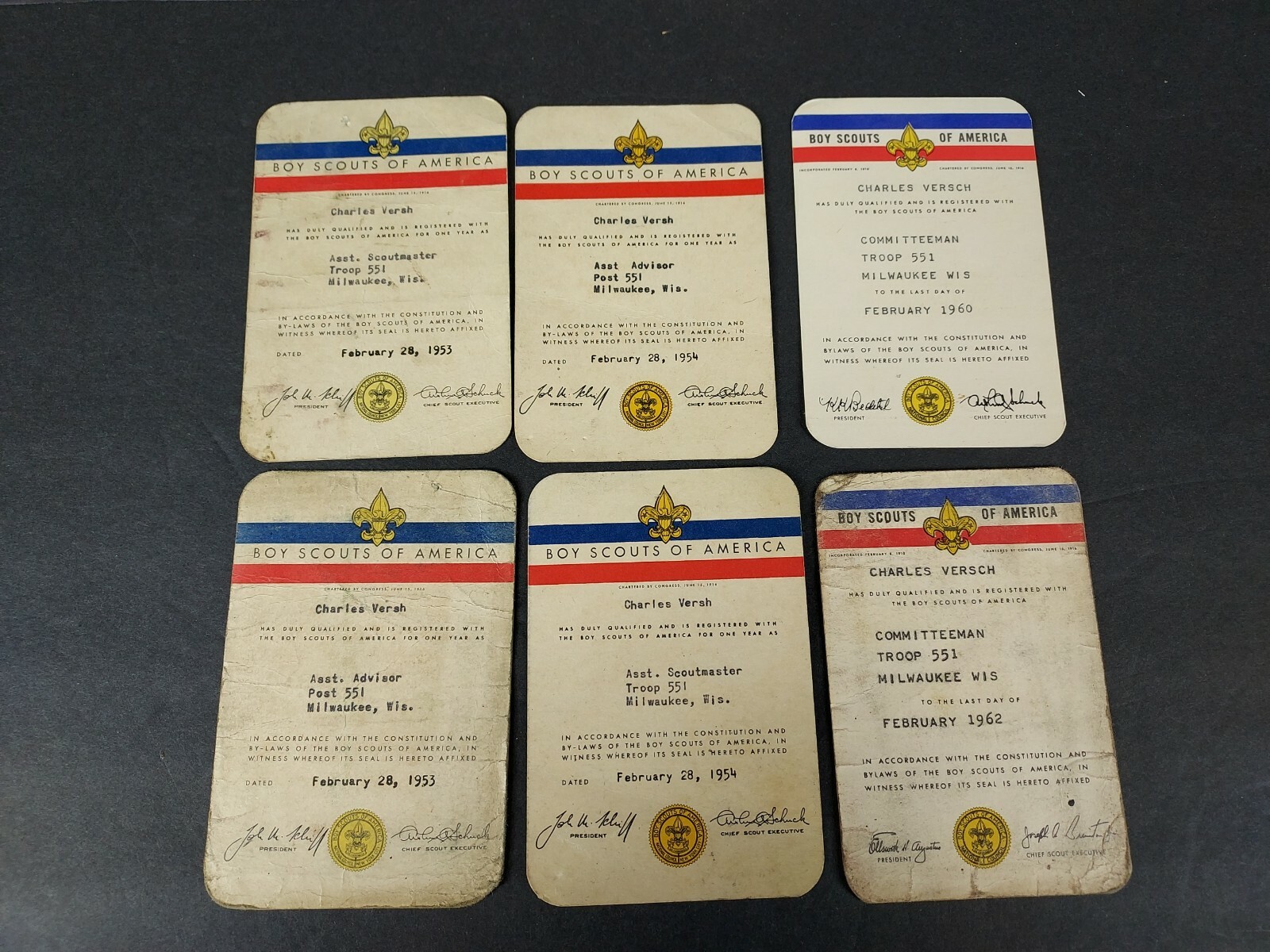 Lot Of 6 Vintage Boy Scouts Membership Cards 1953, 1954, 1960, 1962 ...