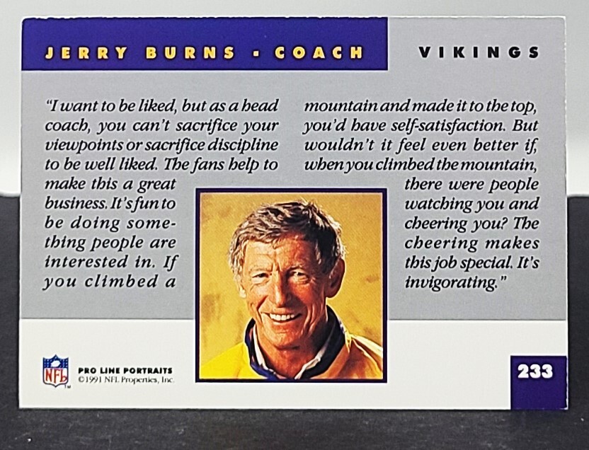 JERRY BURNS Signed 1991 Pro Line Portraits Football Card #233 Minnesota ...