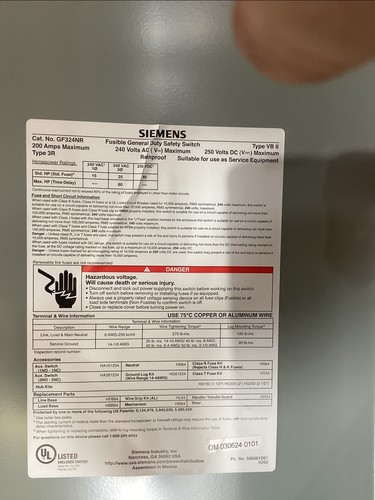 Siemens Safety Switch GF324NR 200 Amp 240 Volt Non Fused Nema 3R | eBay