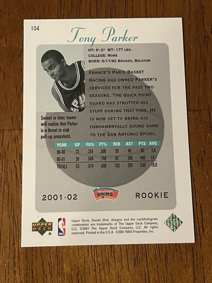 2001-02 Upper Deck Sweet Shot Tony Parker ROOKIE RC #104 #D /1200 | eBay