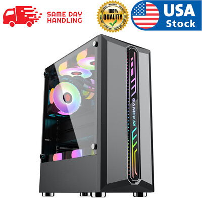 BLACK USB3.0 Mid-Tower PC Gaming Computer Case - Tempered Glass ATX Mid ...