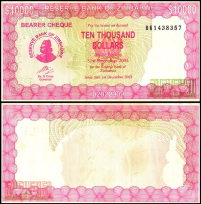 Zimbabwe 10000 Dollars Bearer Cheque, 2003, P-22, Used | eBay
