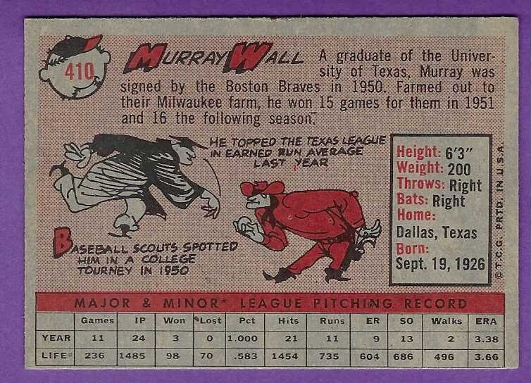 1958 Topps - #410 Murray Wall - Boston Red Sox - ExMt | eBay