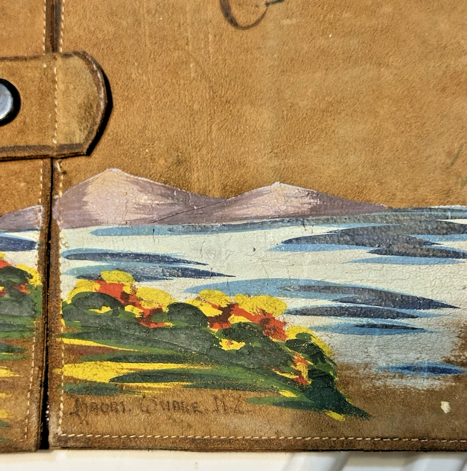 1940s Leather Handpainted Writing Case - Maori Whare NZ Painting snap ...