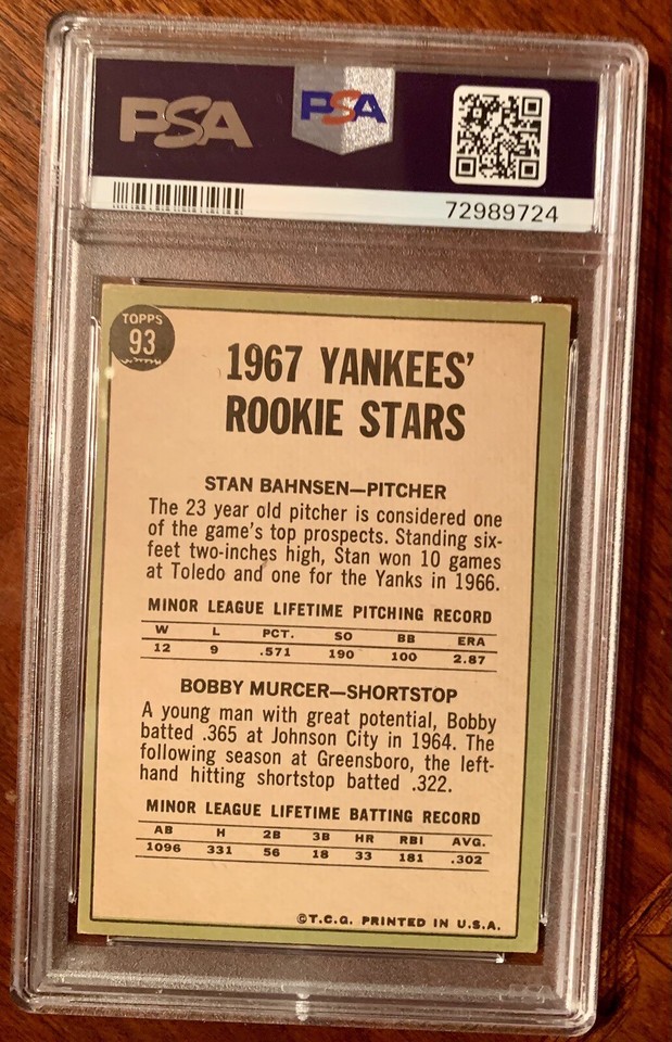 1967 Topps 1967 Rookie Stars Stan Bahnsen Bobby Murcer #93 PSA 4 Rookie ...