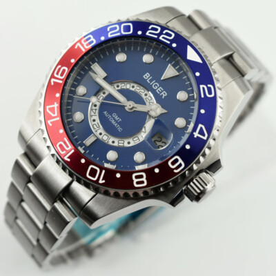 Hot 43mm Bliger titanium Bezel blue Dial Luminous GMT date Automatic ...