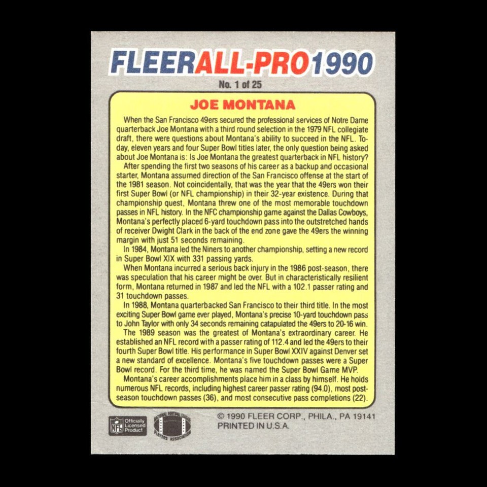 Joe Montana 1990 Fleer All-Pro San Francisco 49ers #1 R307 | eBay