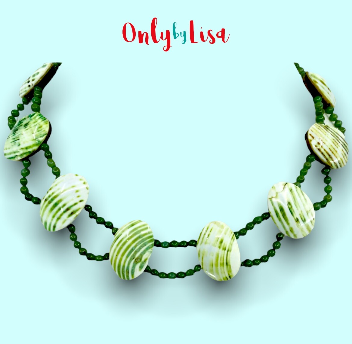 Upcycled Vintage Green Shell & Wood Collar Necklace with Green Stone ...