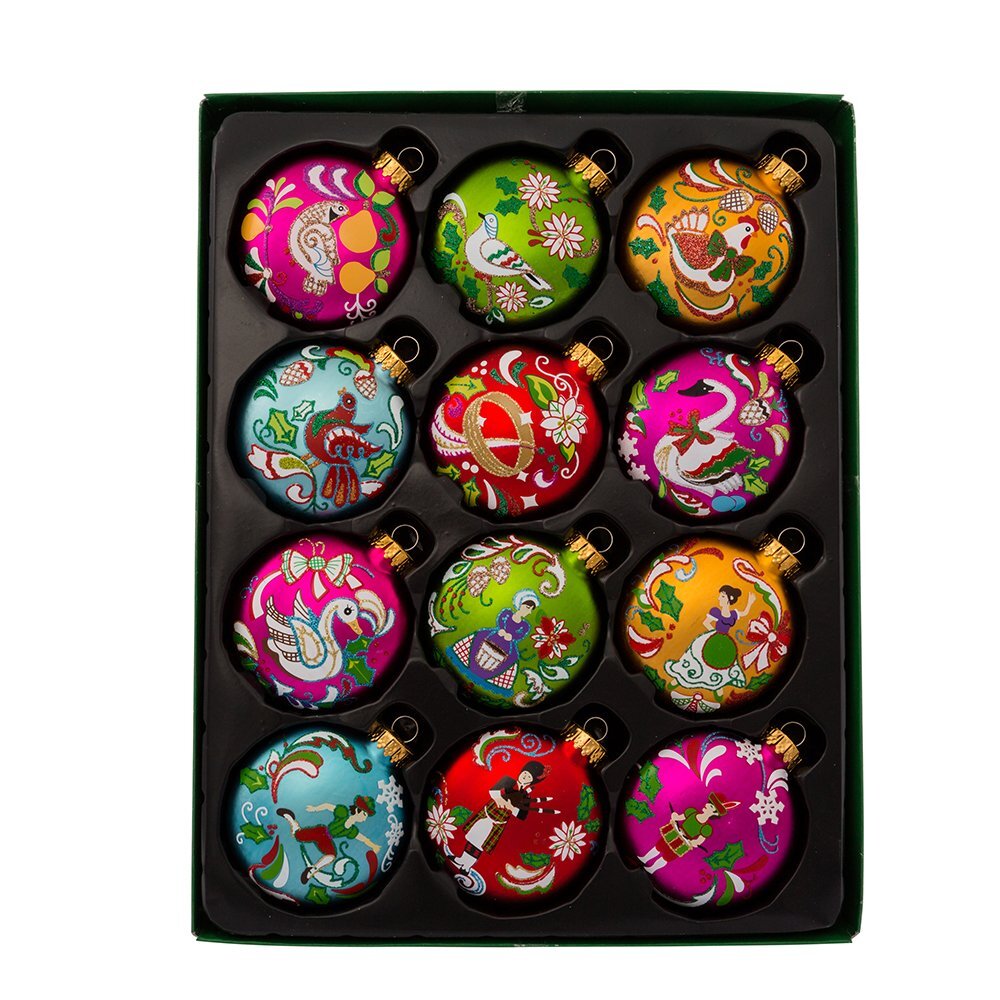 12 Days of Christmas Glass Ornaments Set 65mm Multi Color Holiday Decor ...