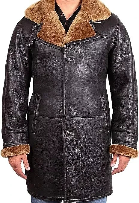 Men's Real Shearling Black Sheepskin Leather Warm Duffle Trench Long Coat Jacket | eBay